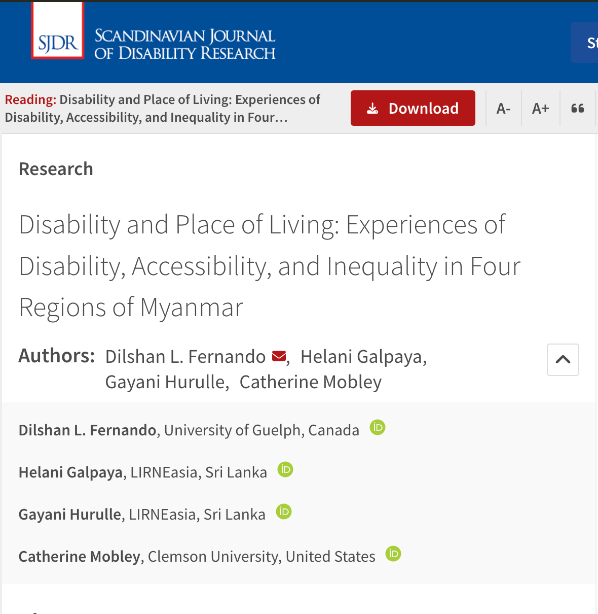 Disability and Place of Living: Experiences of Disability, Accessibility, and Inequality in Four ...